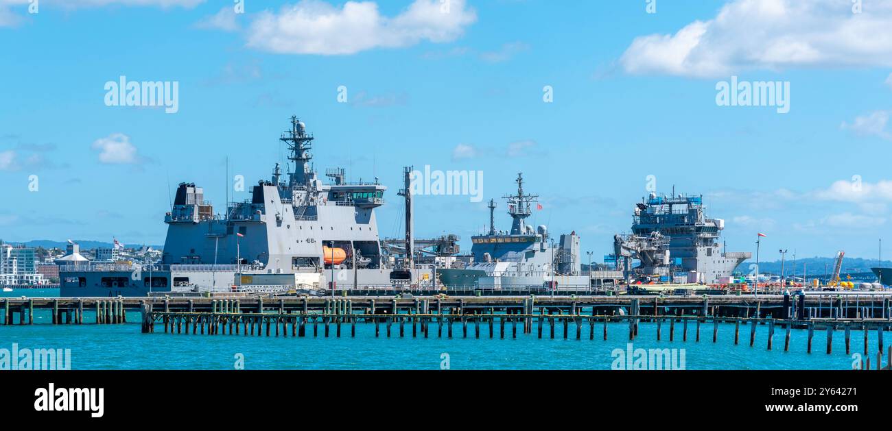 A panoramic image of Navy ships docked at the New Zealand naval base ...