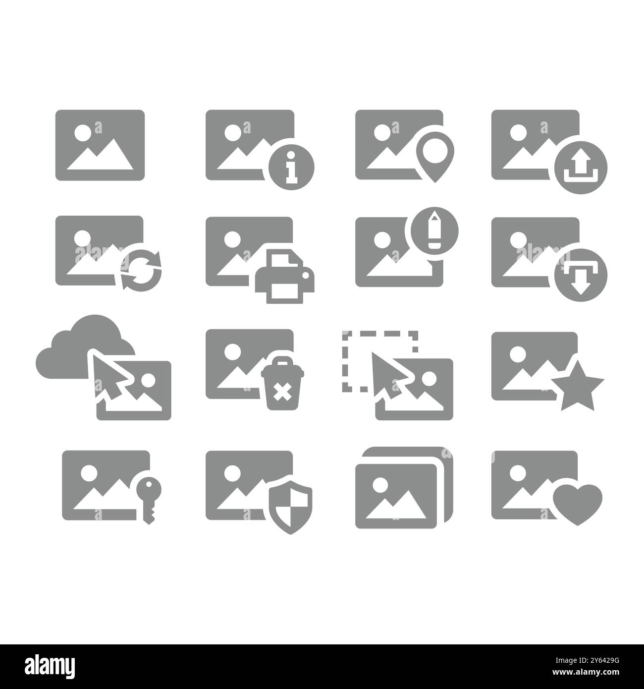 Picture, photo file download and upload vector icon set. Image, stared and hearted, refreshing ...
