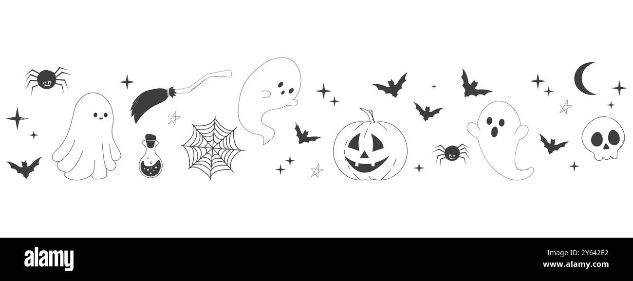 Cute halloween border, line ghost, pumpkin and silhouette bat, spider ...