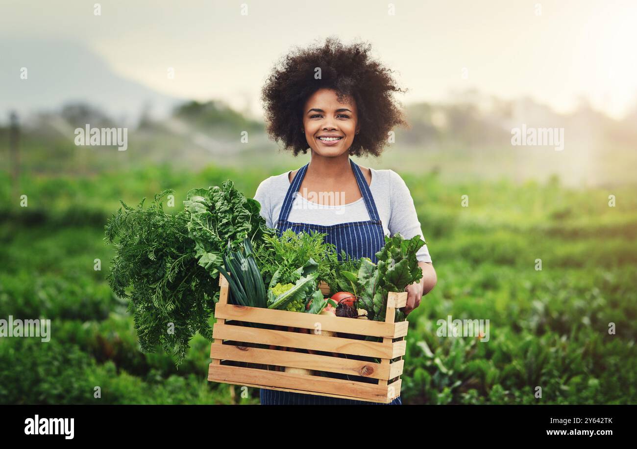 Agriculture, portrait and box with woman in countryside for ...