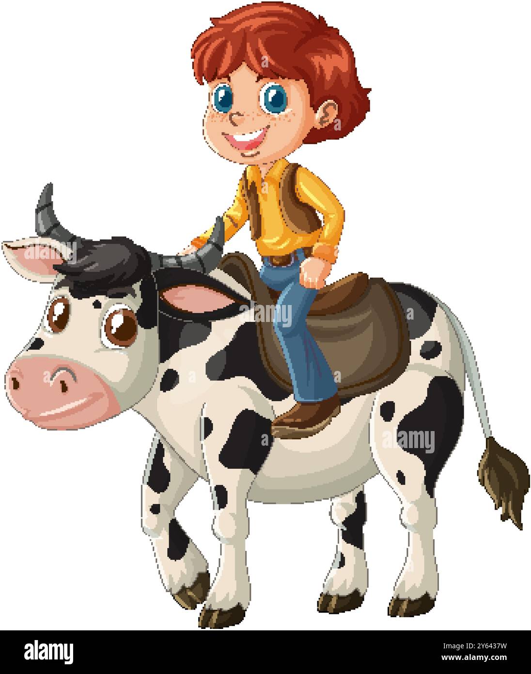 Smiling boy riding a black and white cow Stock Vector Image & Art - Alamy