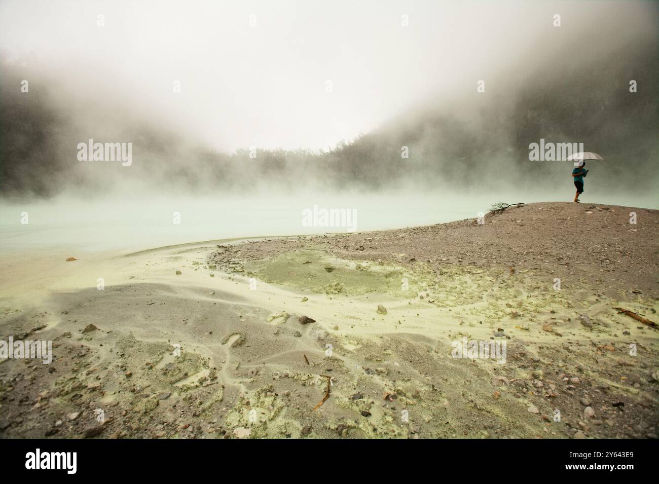 A visitor carrying an umbrella as he is walking on sandy landscape in a ...