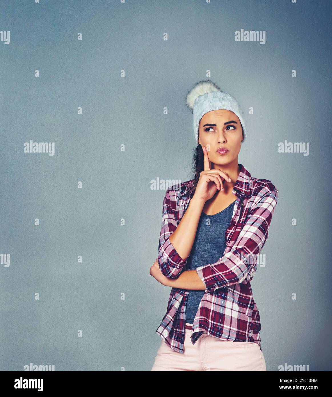 Mockup space, thinking and woman in studio for solution, planning and ...