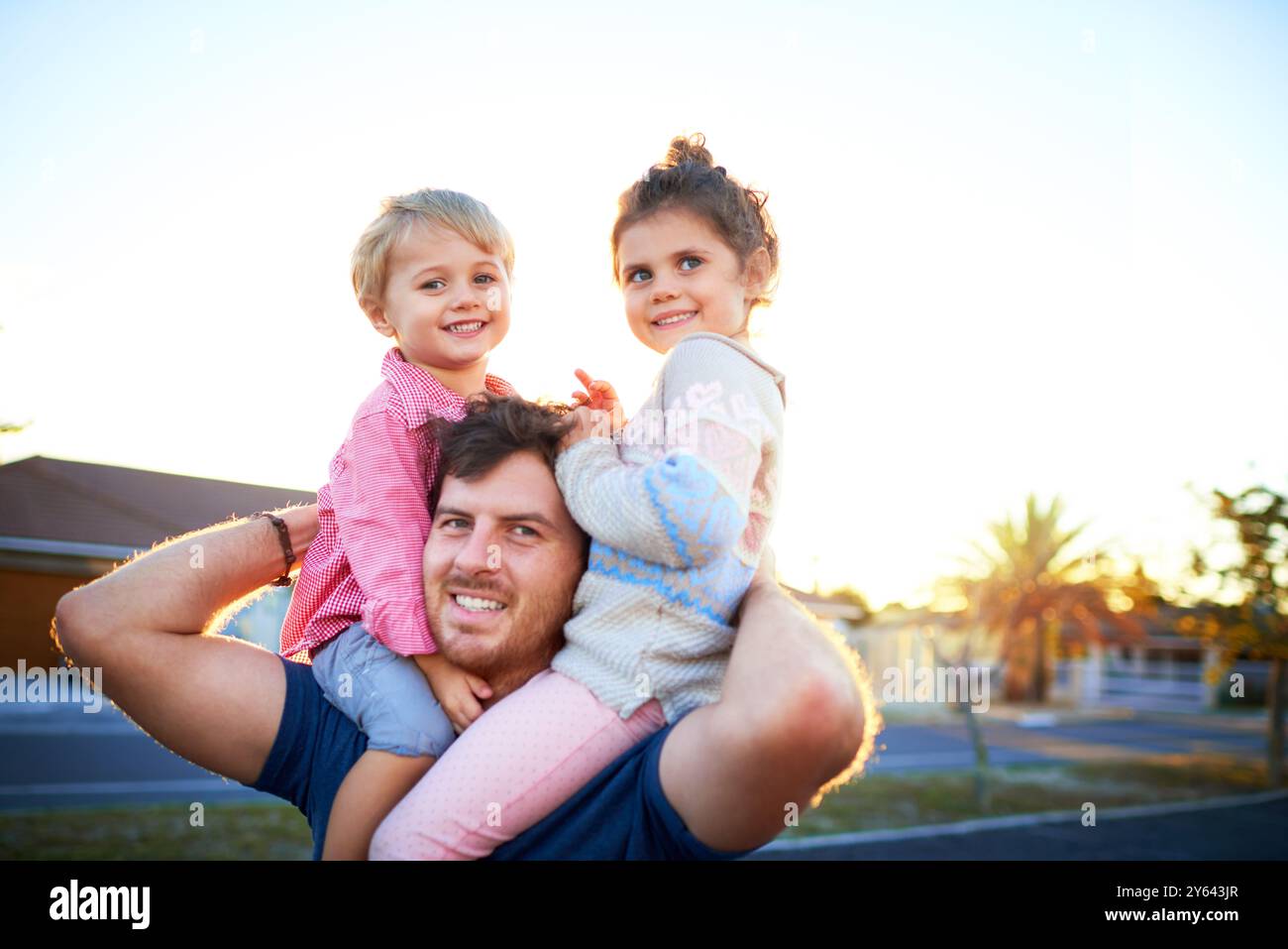 Smile, portrait and father with children on shoulders for bonding ...