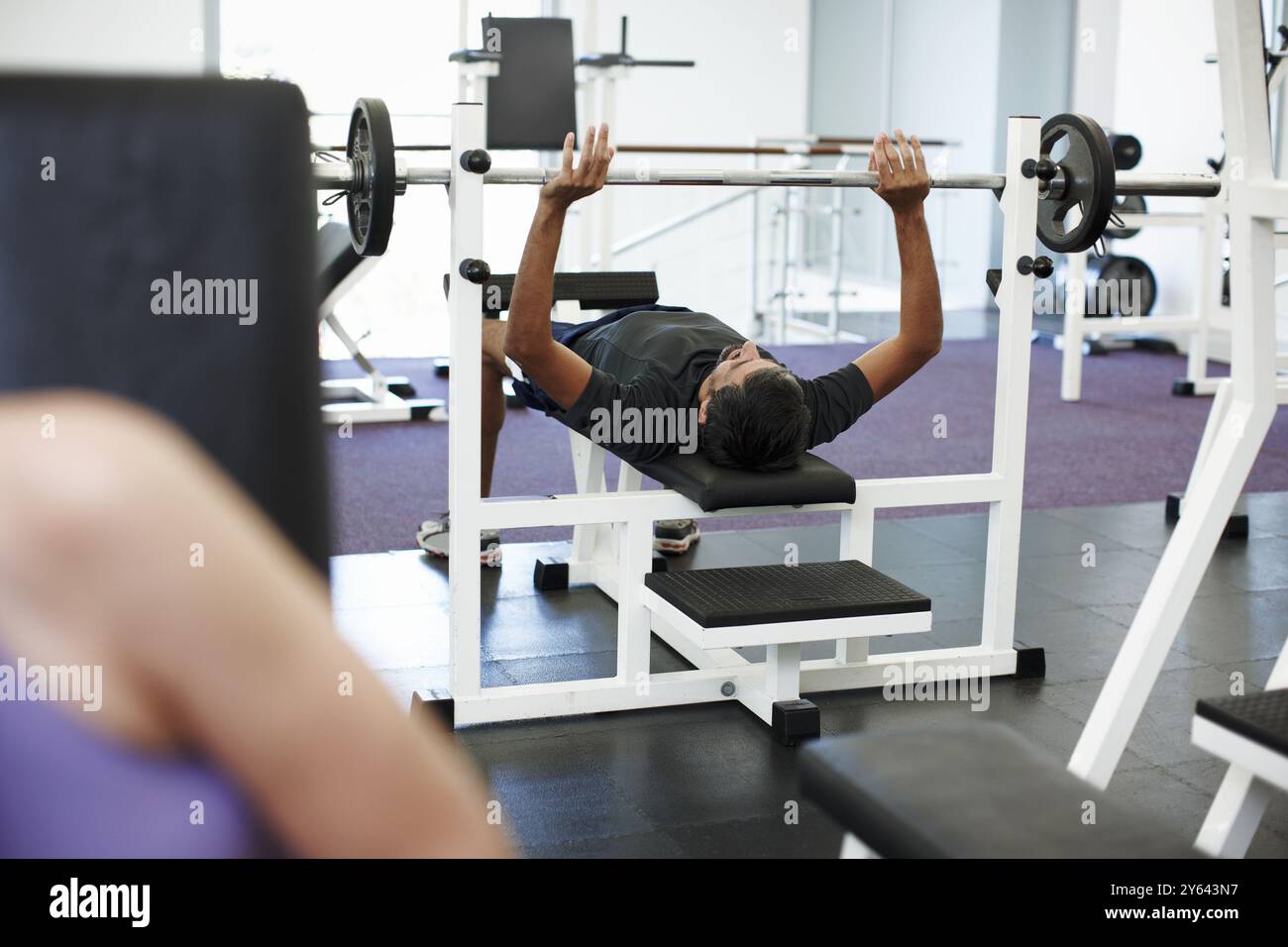Fitness, man and bench press workout in gym for strength training ...