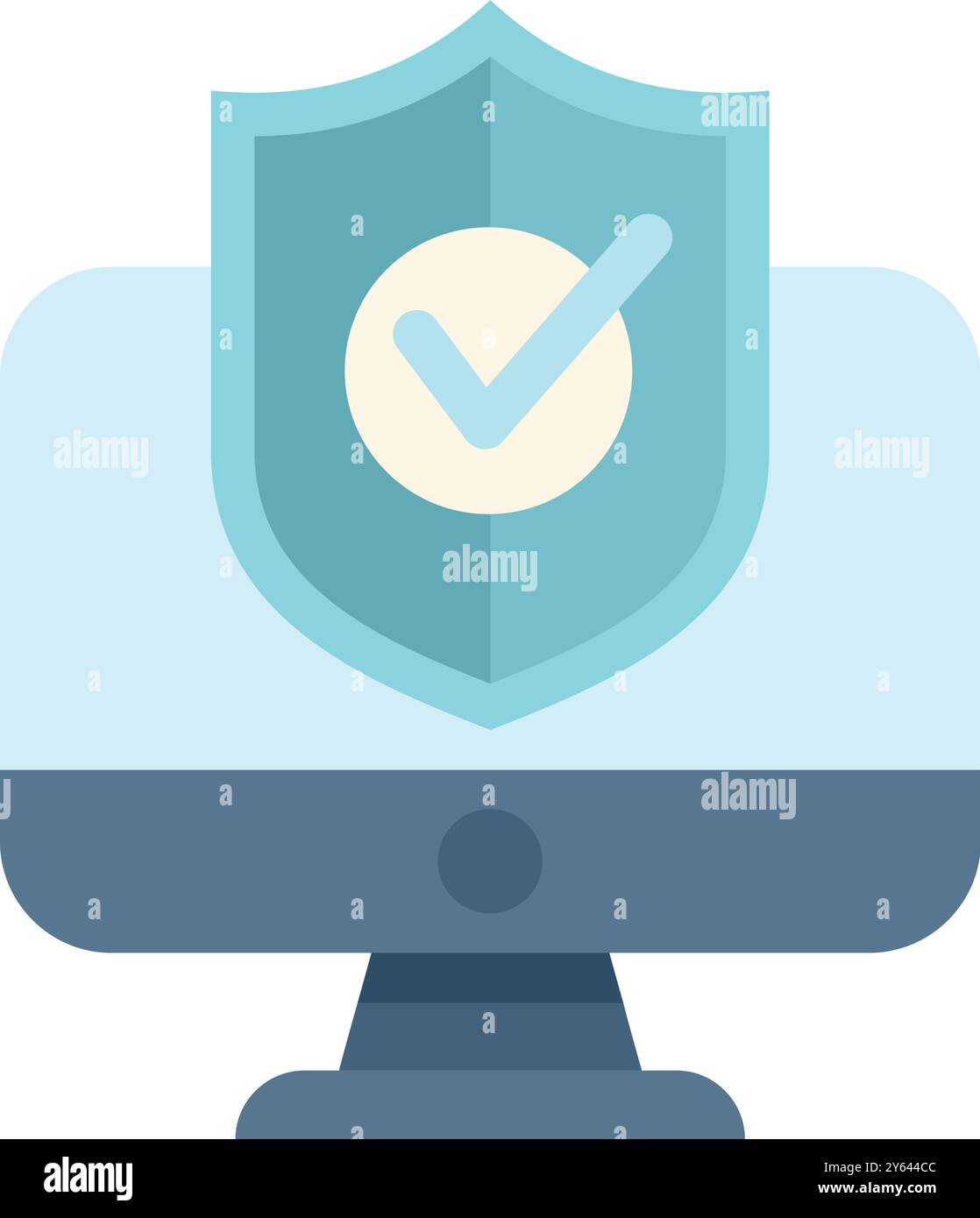 Blue shield with a checkmark is displayed on a computer monitor, representing a secure and ...