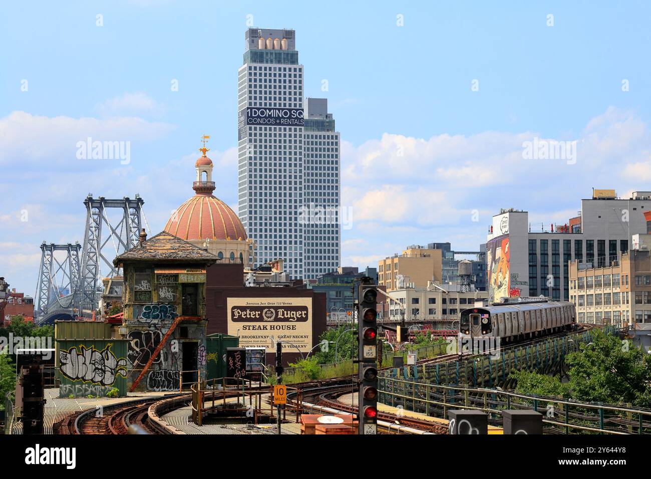Skyline of Williamsburg in Brooklyn with landmarks including Williamsburg Bridge, Peter Lugers ...
