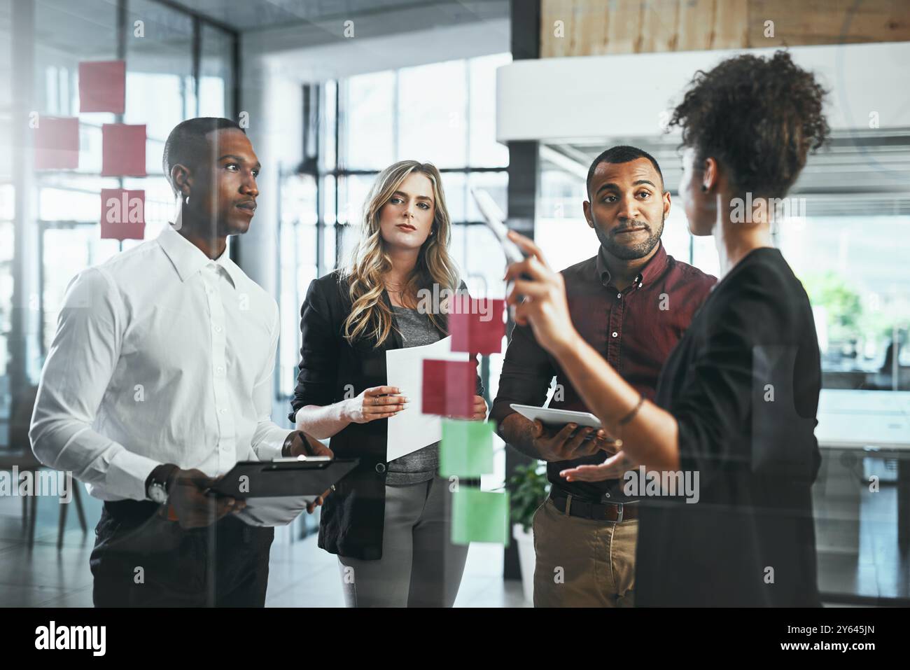 Sticky notes, teamwork and discussion of group, office and ...