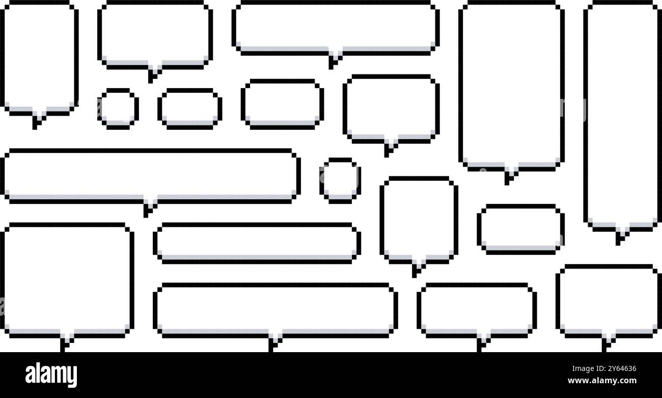 Pixel speech bubbles set. Pixel text box. Retro game chat frames. Message clouds. Bit dialog ...