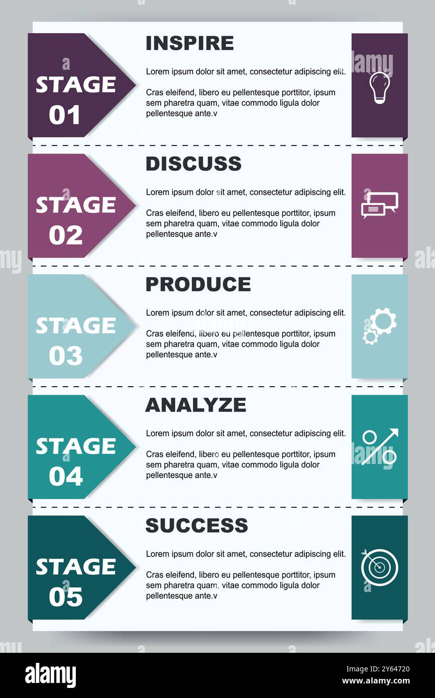 Vertical marketing brochure template with five business stages. Startup ...