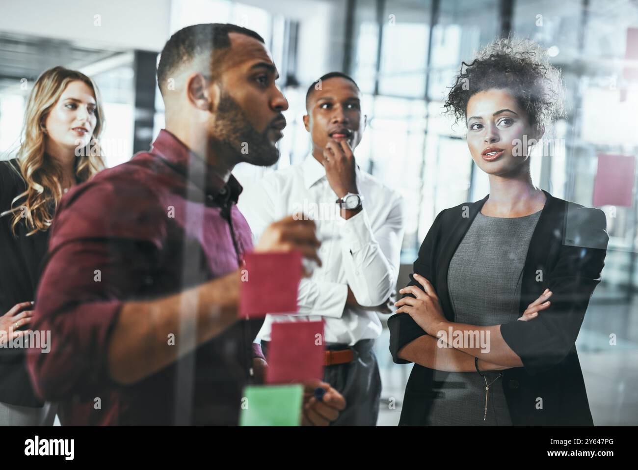 Sticky notes, thinking and brainstorming of group, office and ...