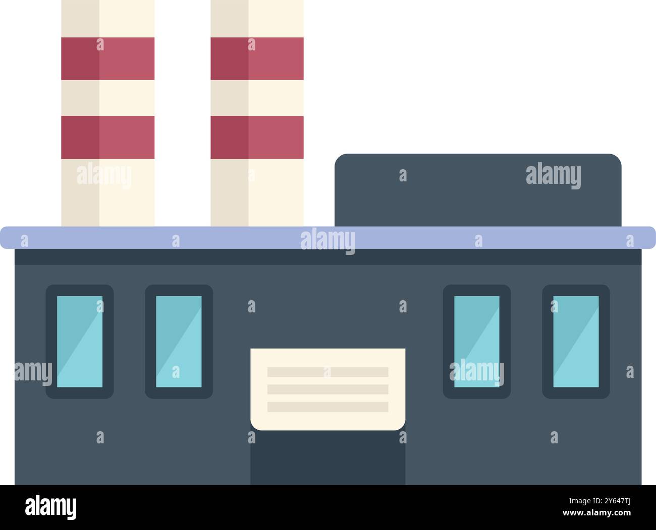This flat style icon is depicting an industrial factory building with ...
