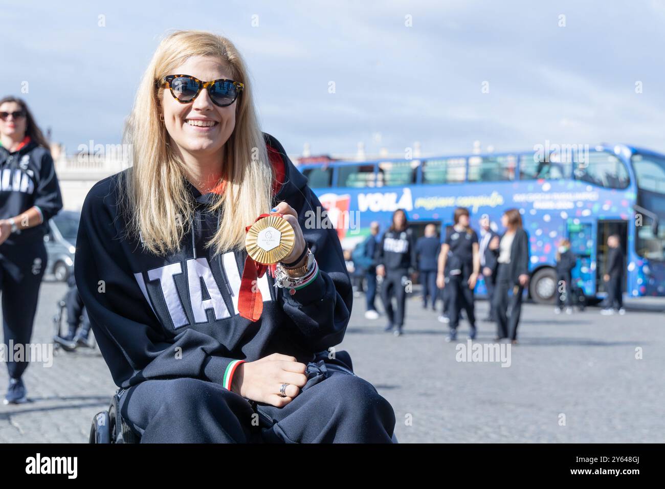 Rome, Italy. 23rd Sep, 2024. An Italian paralympic athlete shows the ...