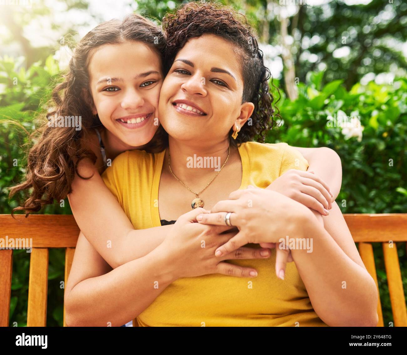 Outdoor, mother and girl in portrait with hug, connection and bonding ...