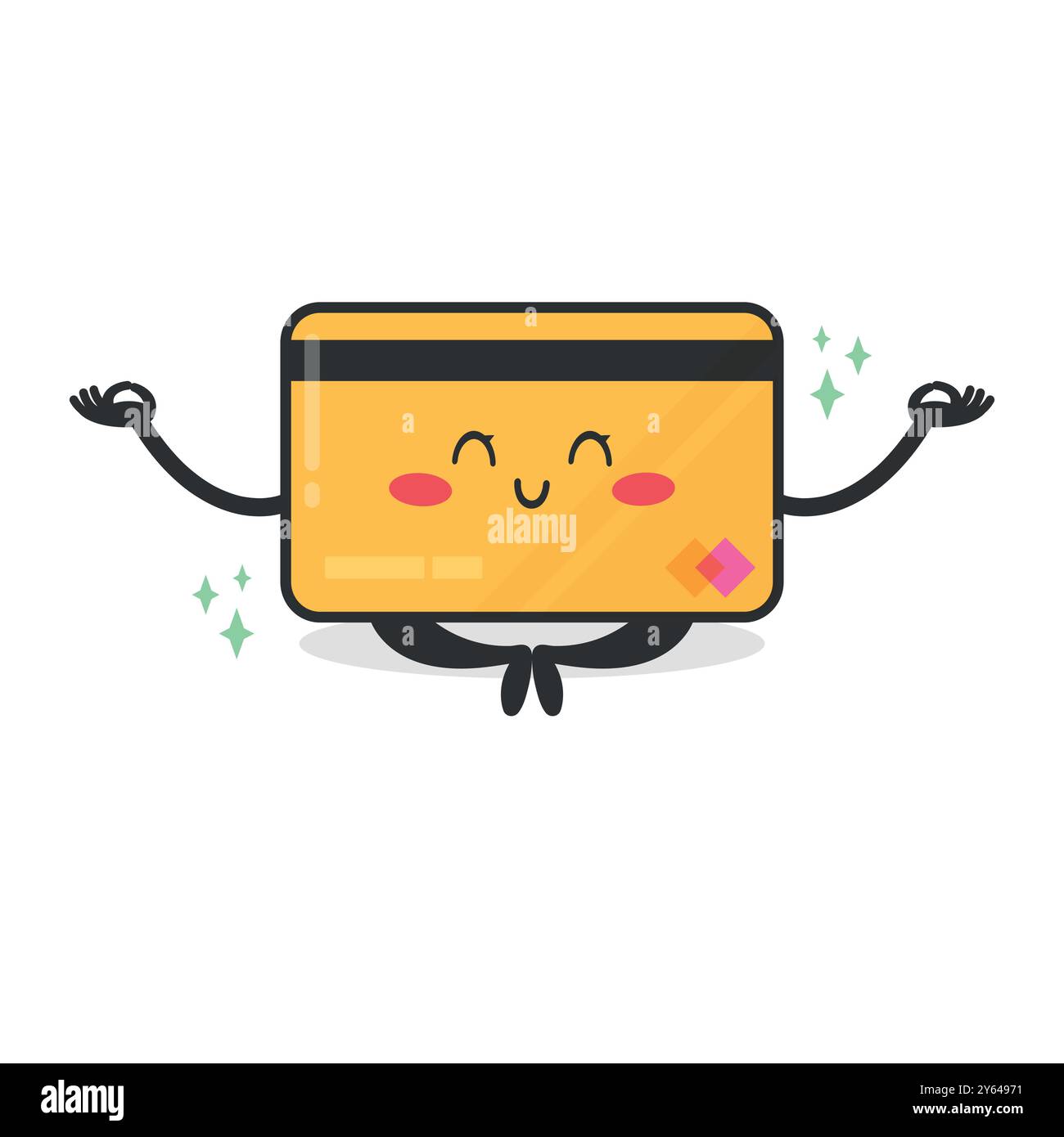 Cute cartoon credit card character in lotus position. Plastic card ...