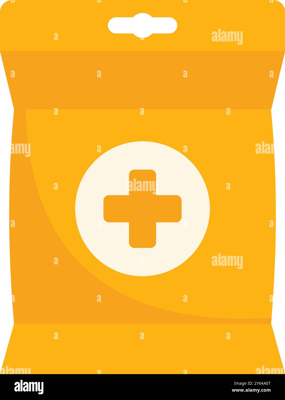 Yellow medical package hanging with white cross sign on it, healthcare ...