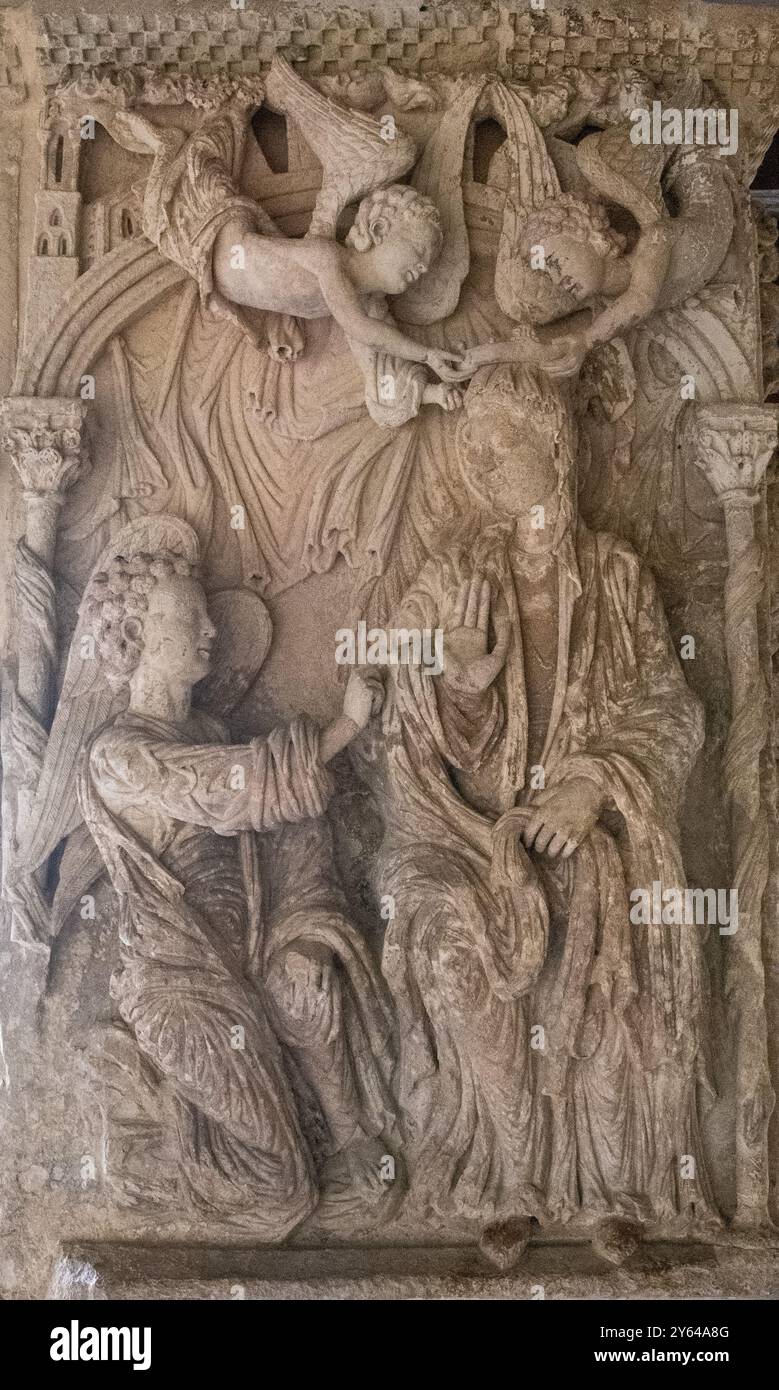 Abbey of Silos. Burgos, Spain. Sculpture relief The Coronation of Mary ...
