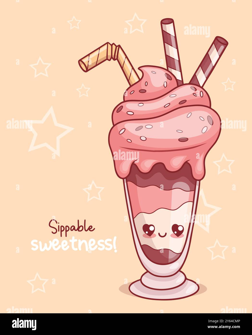 Cute glass of milk shake with cream dessert, striped candies with straw ...
