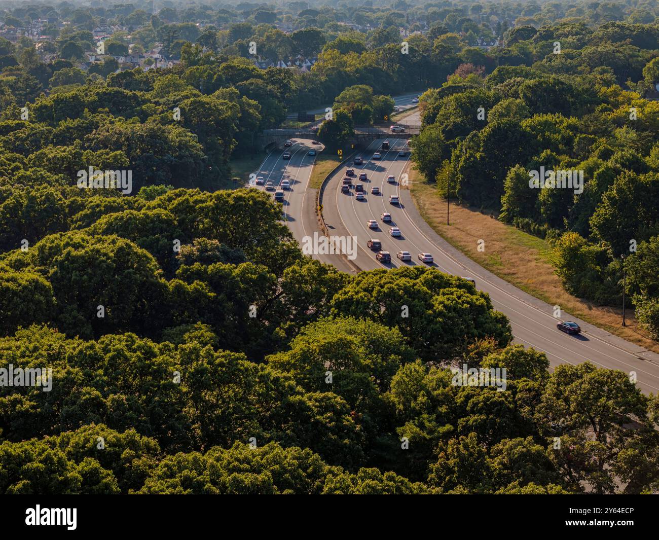 Aerial view of a highway winding through a lush green forest with cars ...