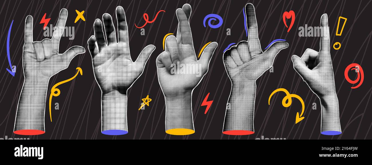 Set of human hands with doodle elements. Gesture signs. Vintage ...