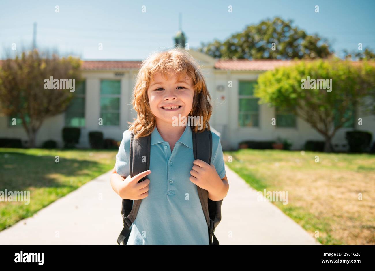 Pupil go study with backpack. Funny school boy face. Schoolchild ...
