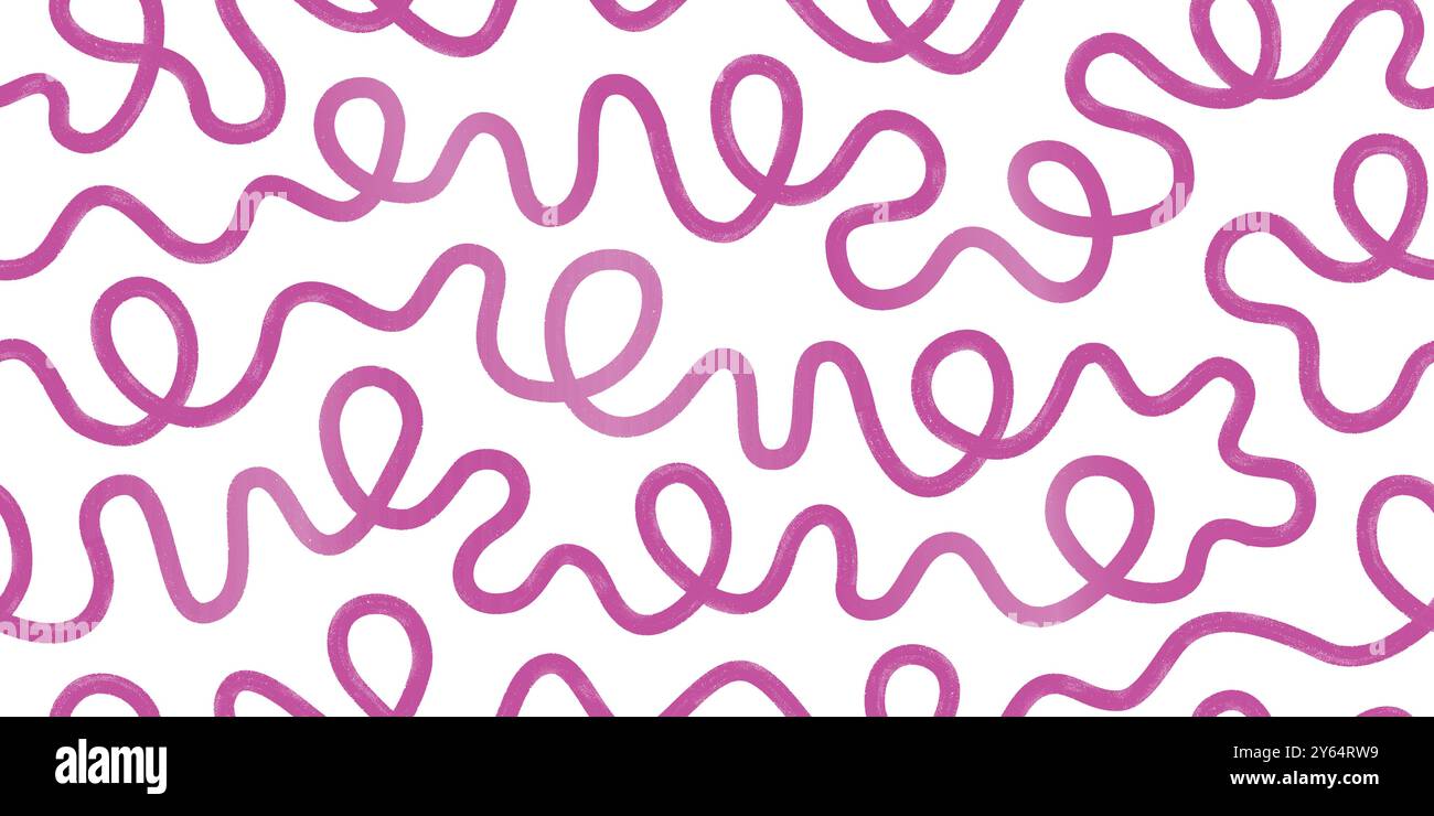 Hand drawn bold curved pink squiggle lines, loops seamless pattern. Cute vector background with ...