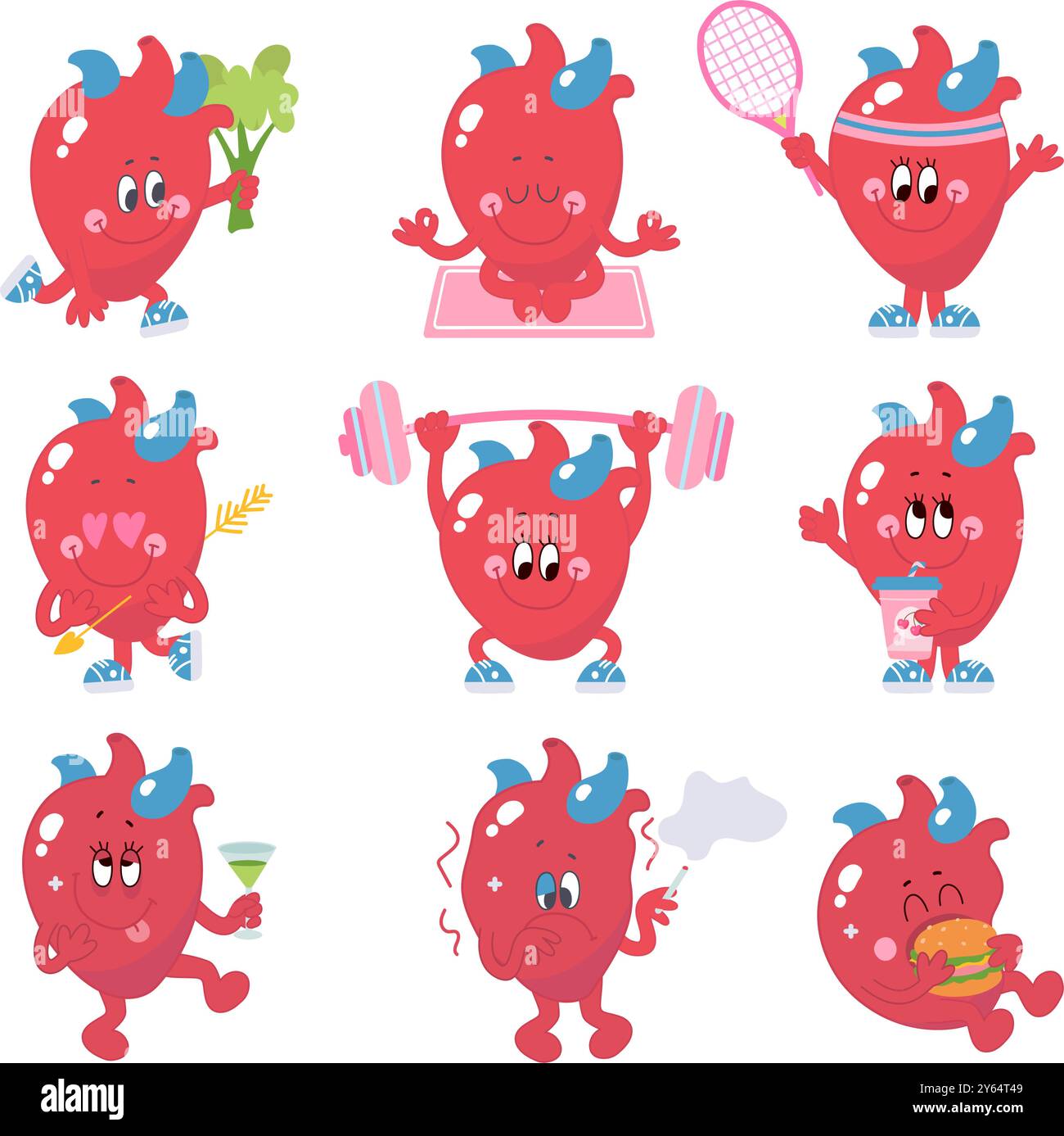 Heart characters. Human hearts different poses and emotions. Healthy ...
