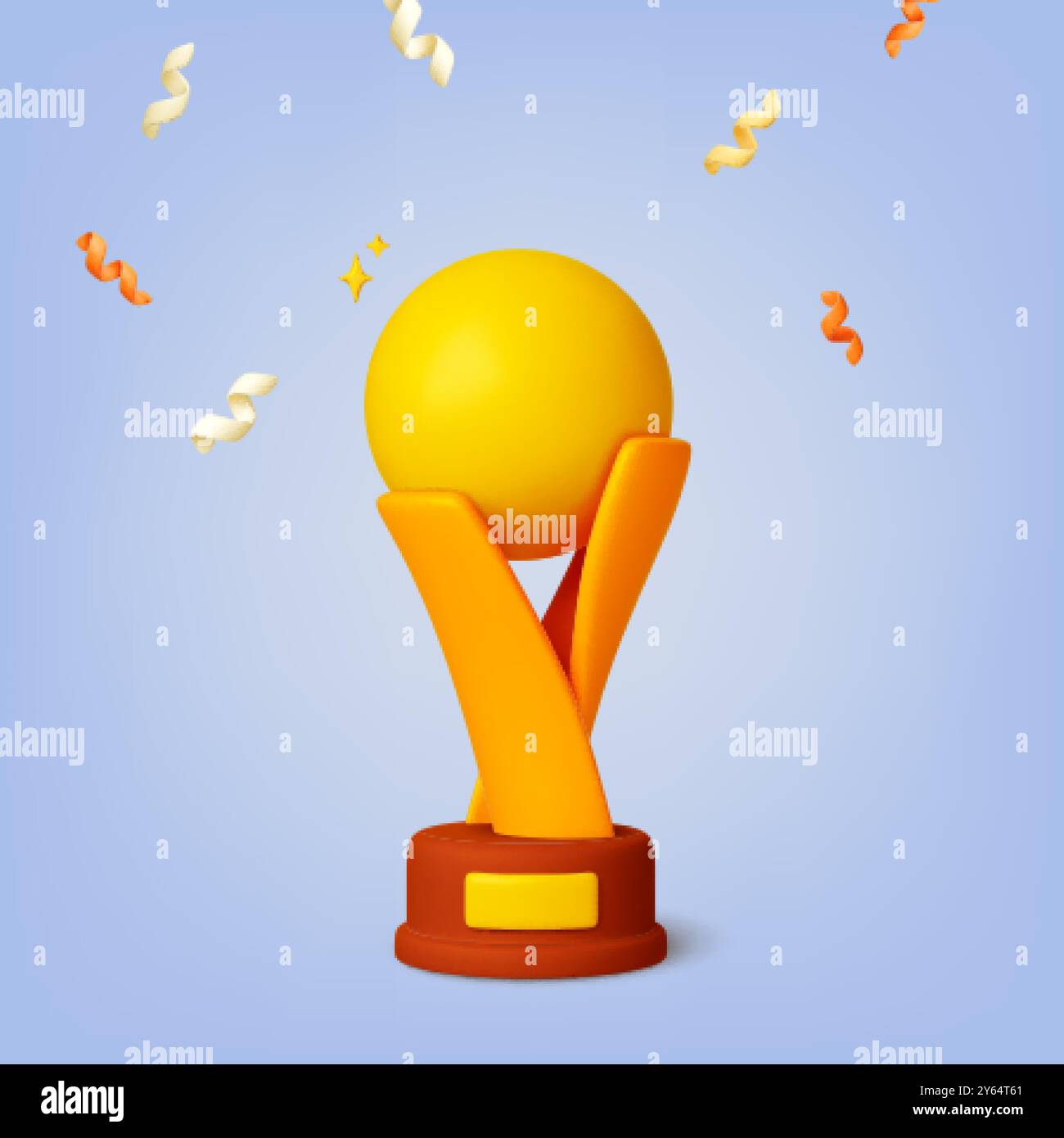 Golden winner trophy with gold ball. Falling confetti, shining stars ...