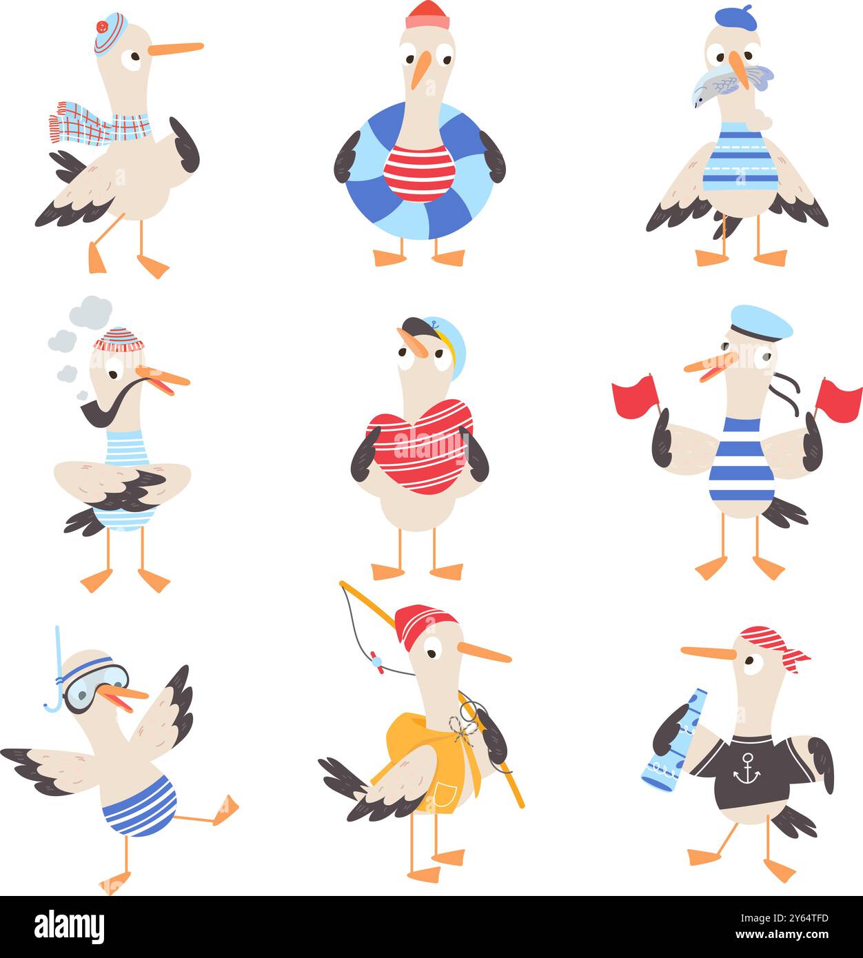 Cartoon sailor seagulls. Funny seagull wear cap and striped shirt, with ...