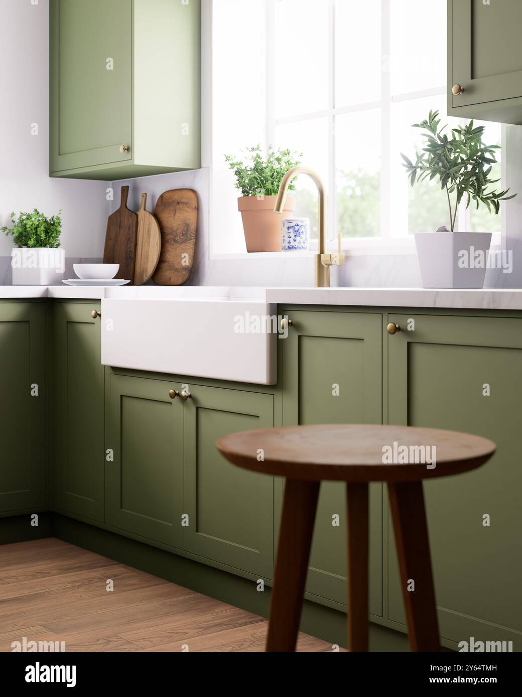 Modern green kitchen interior with lots of natural light and bright ...