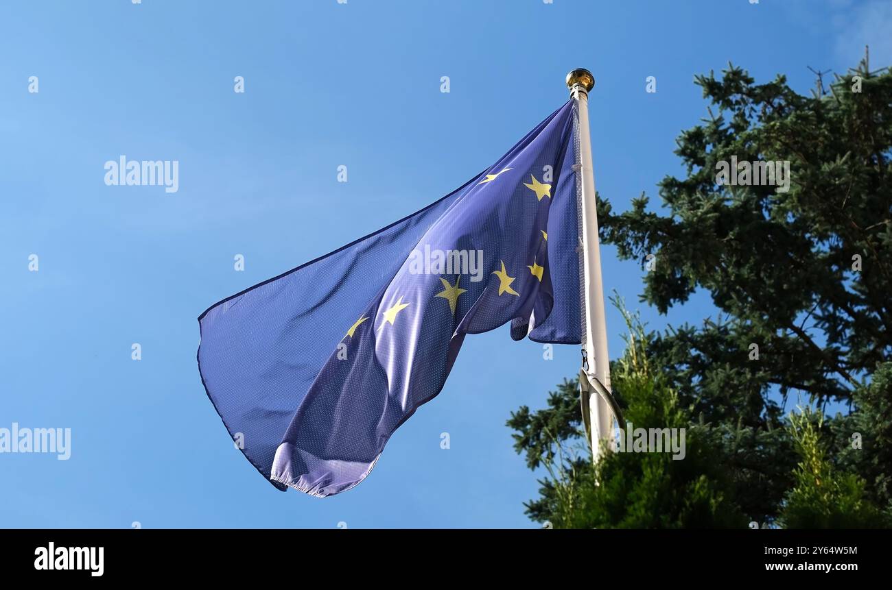 European Union Flag Waving Against The Sky Background On A Pole Stock ...