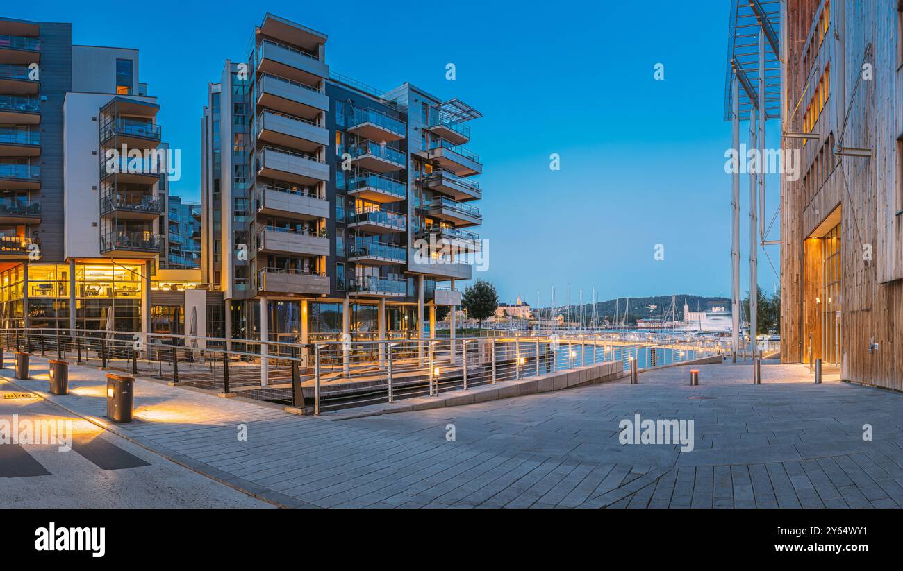 Oslo, Norway. Night View Of Residential Multi-storey Houses In Aker ...