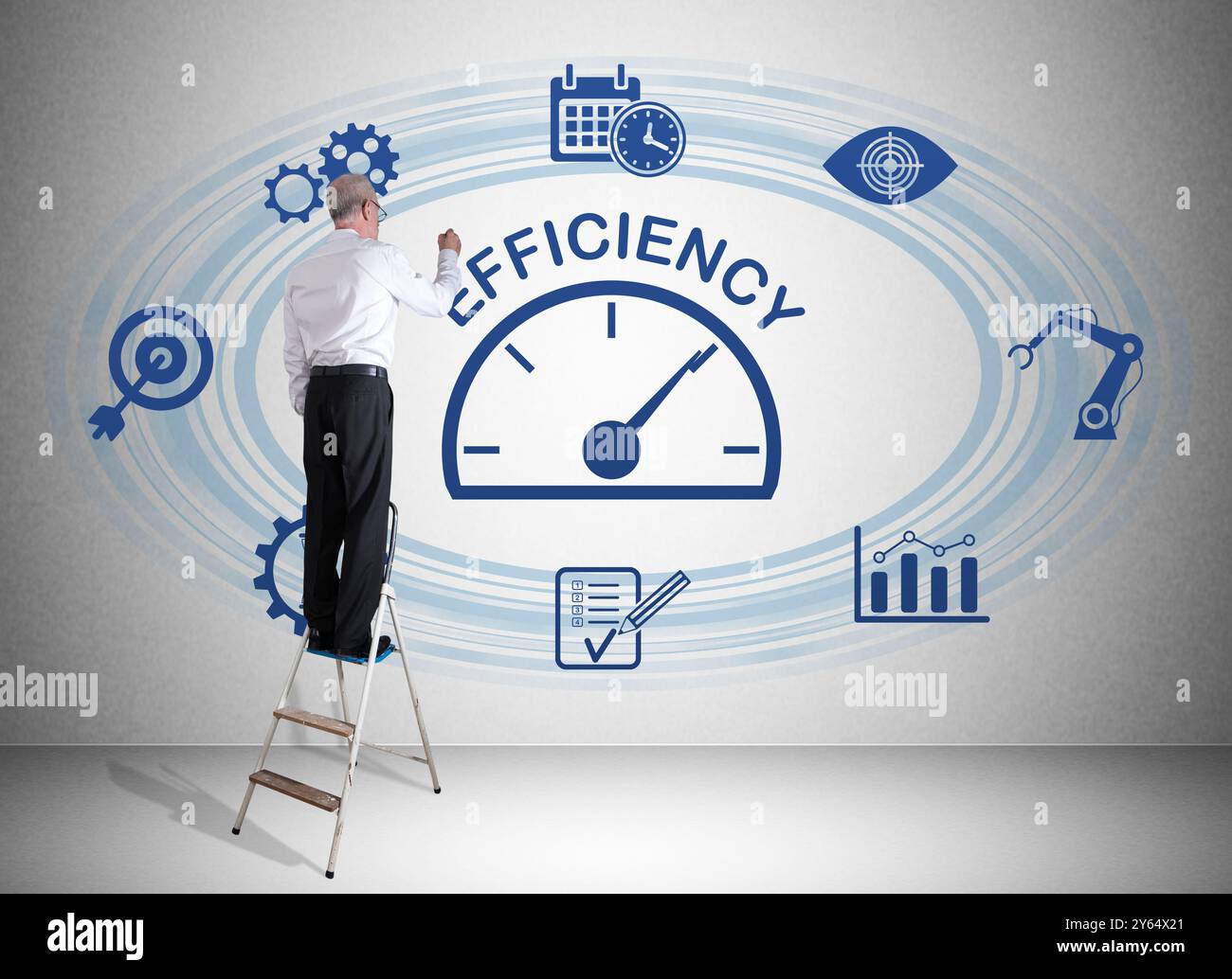 Man on a ladder drawing efficiency concept on a wall Stock Photo - Alamy