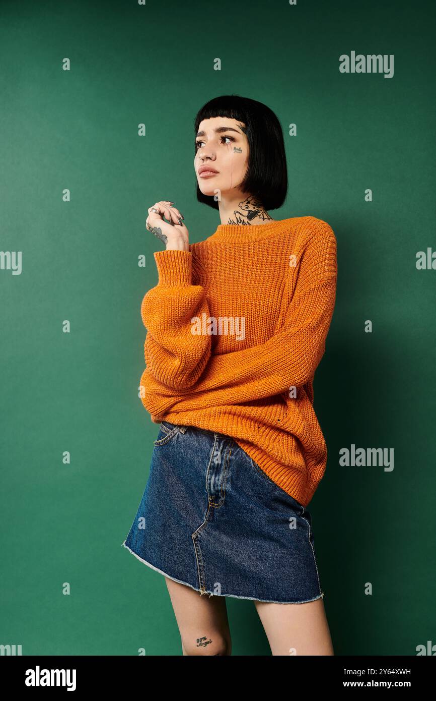 The young woman models a warm, oversized sweater, exuding confidence ...