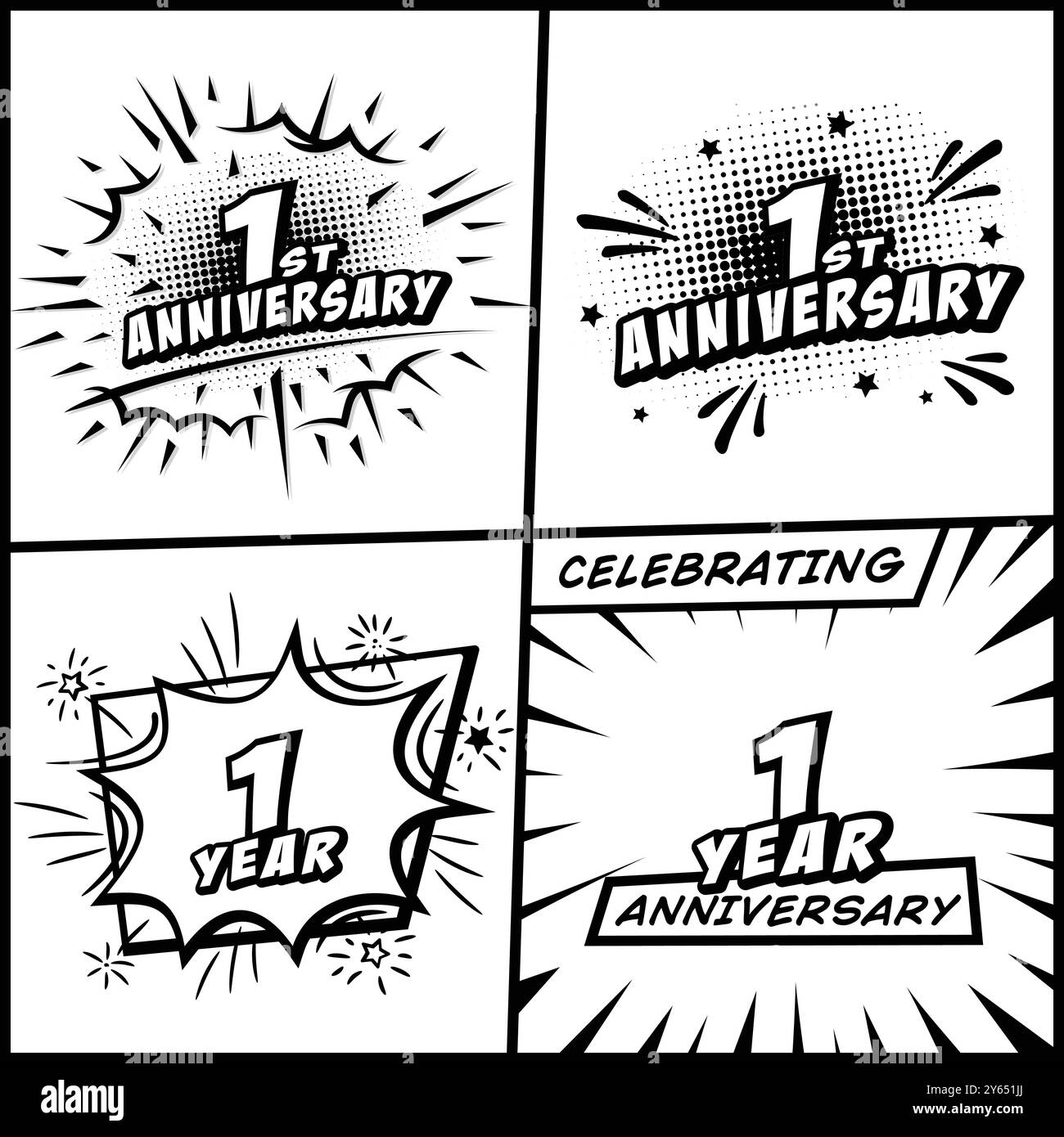 1 year anniversary logo collection. 1st year anniversary celebration comic logotype. Pop art ...