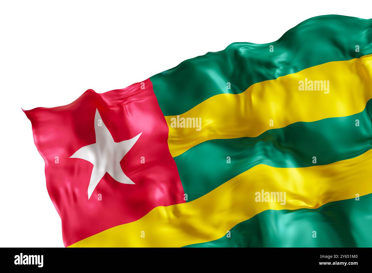 Realistic flag of Togo with folds, isolated on white background. Footer ...