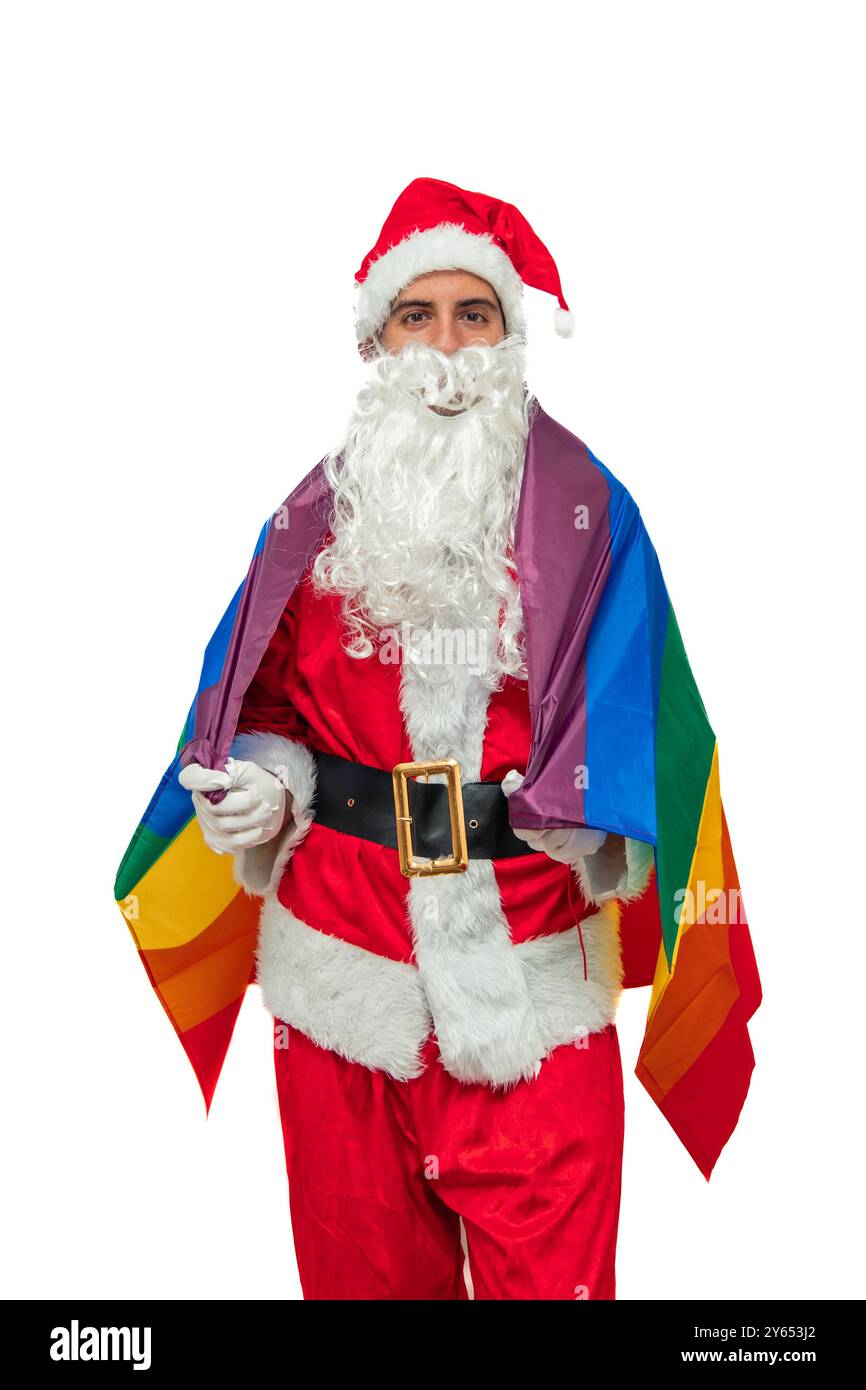 vertical Santa Claus, with his signature beard, is wrapped in a rainbow ...