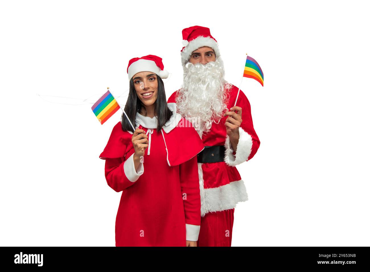 joyful couple dressed in Santa Claus outfits proudly holds colorful ...