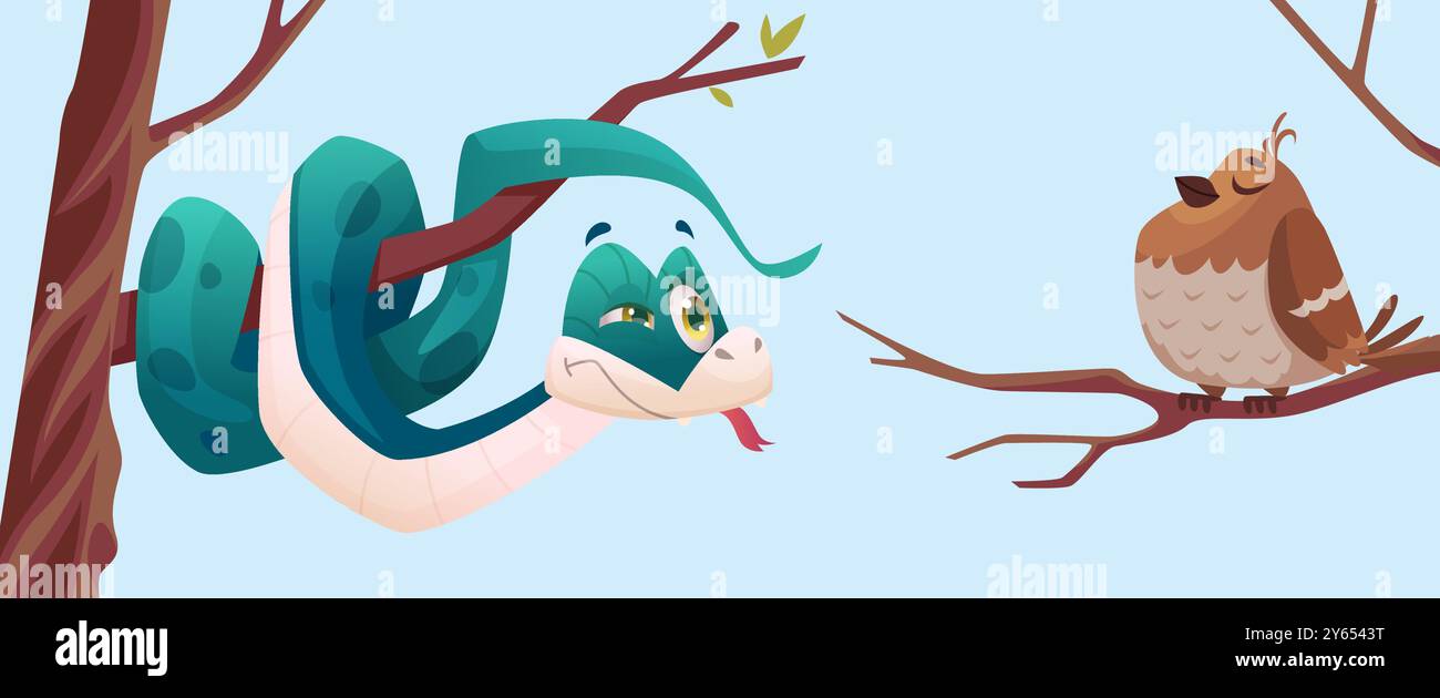 snake. lizard hunting on bird vector cartoon snake on tree Stock Vector ...