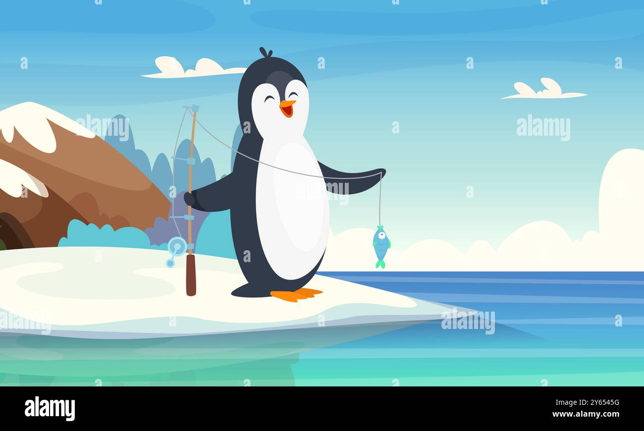 cartoon penguin. happy north pole animals fishing. vector funny ...