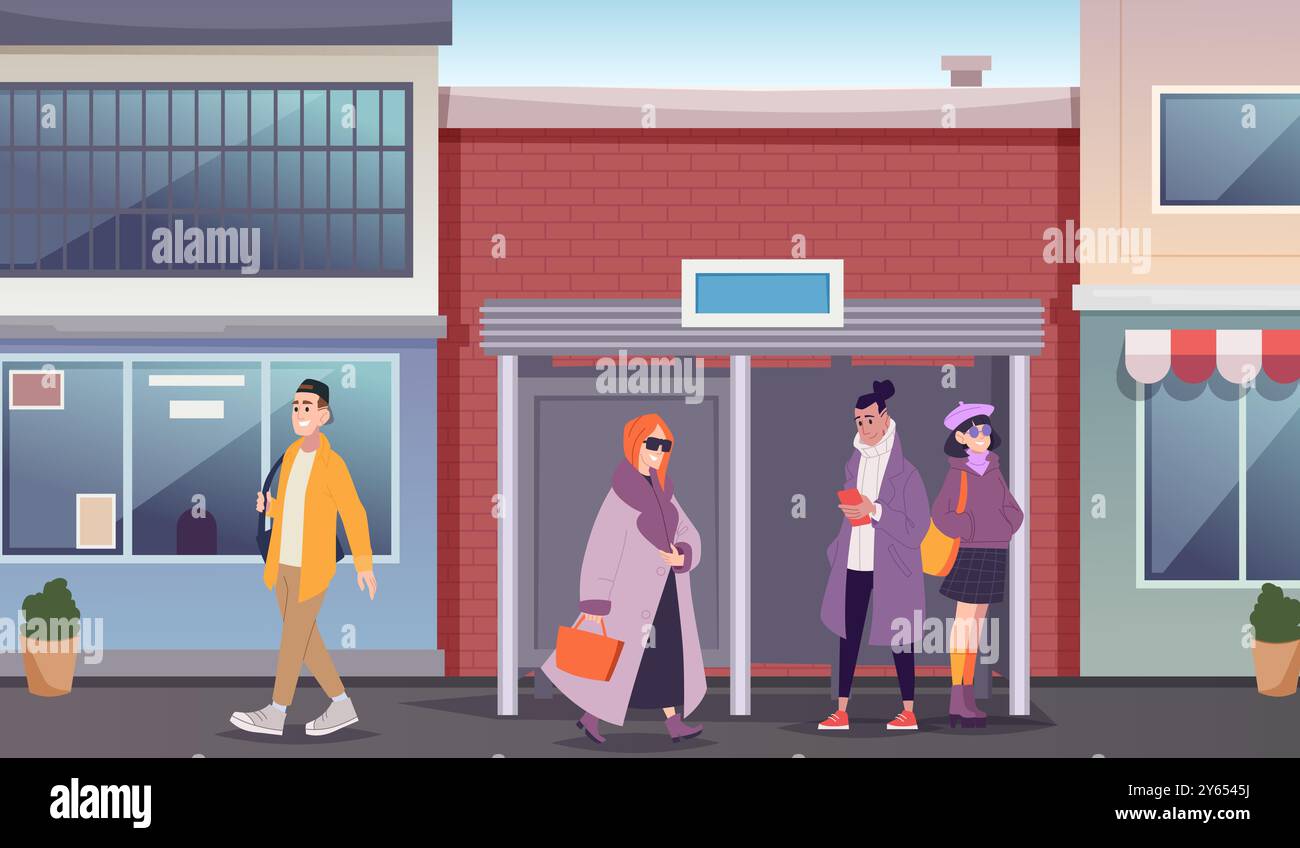 Urban people. Fashioned characters in trendy clothes walking in city ...