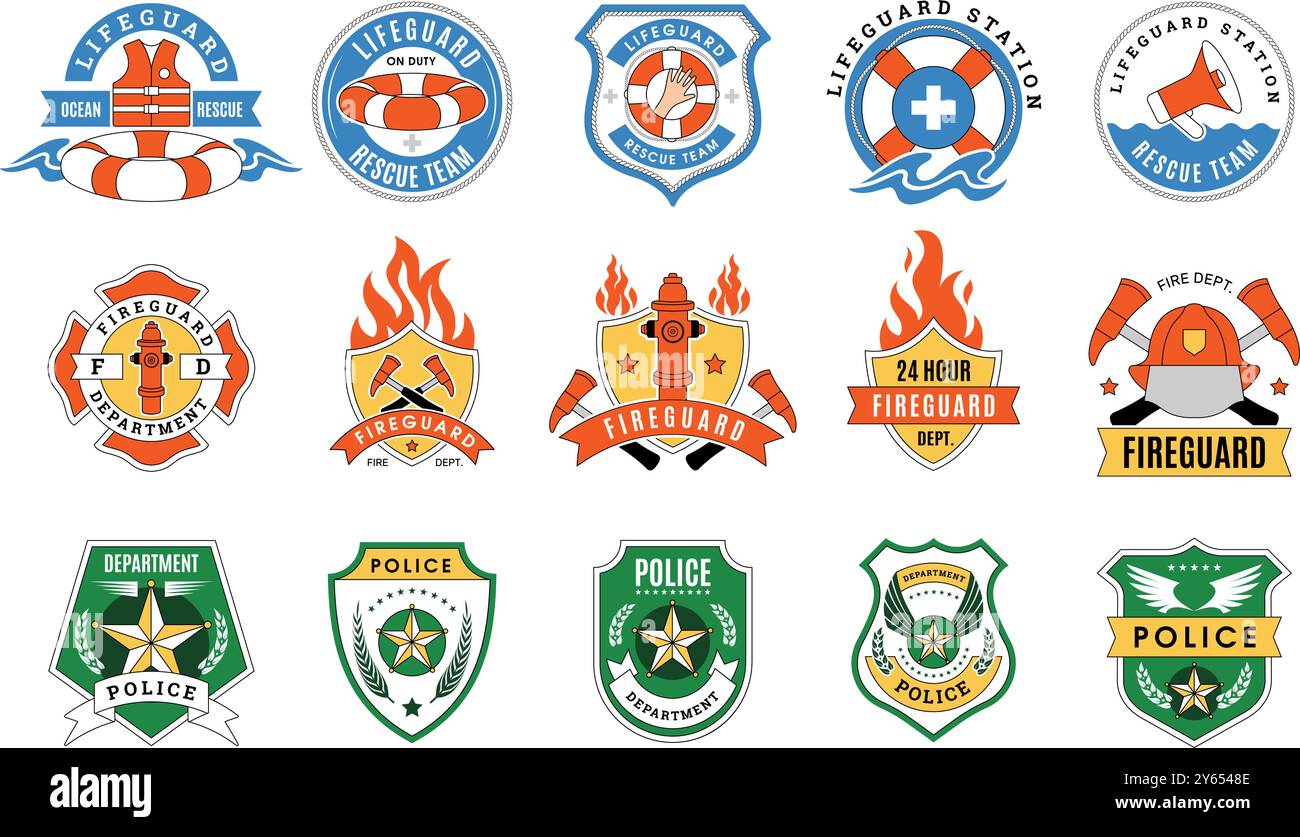 Security badges. Shield emblems of lifeguard services police and ...