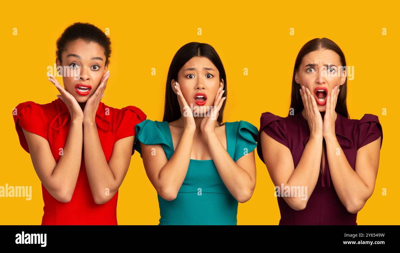Three Discontented Girls Screaming Standing On Yellow Studio Background ...