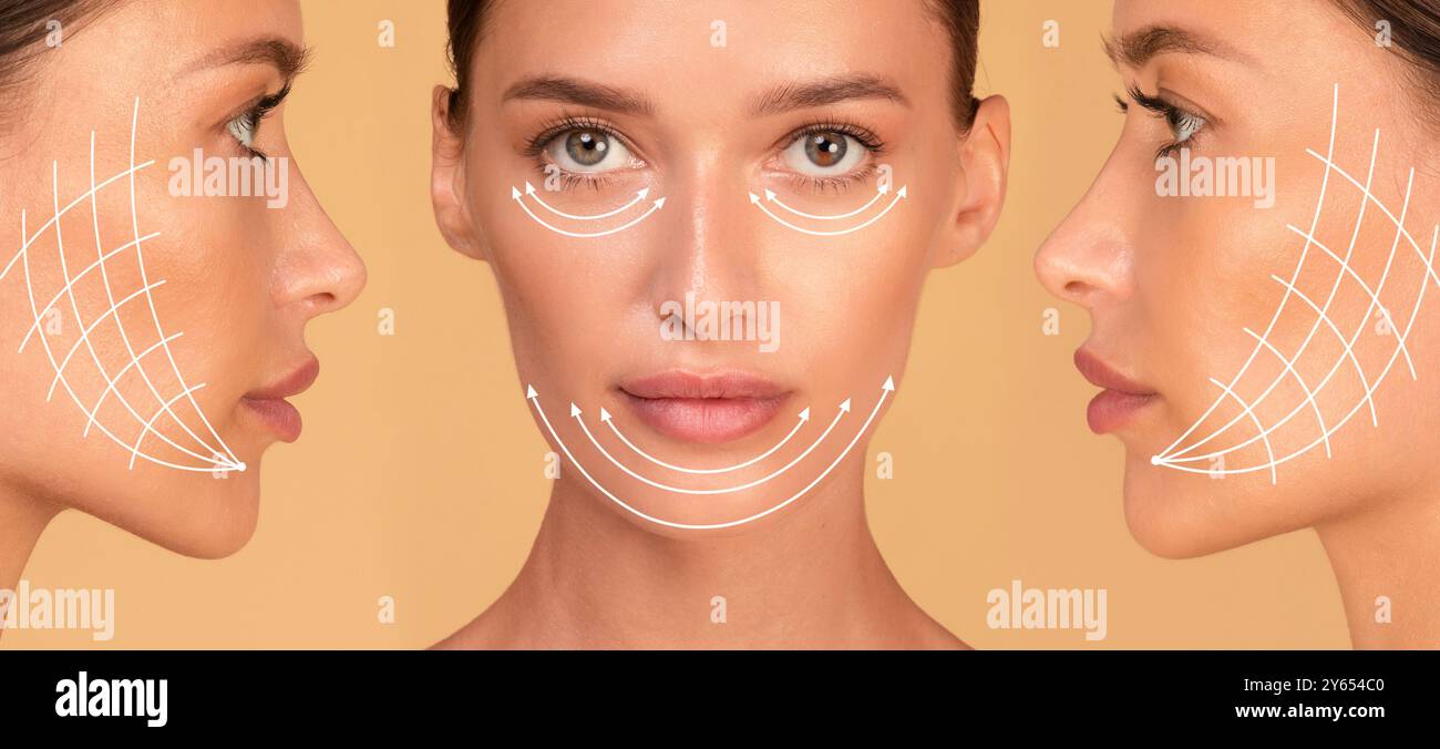 Cosmetology concept. Collage of front and side view portrait of ...