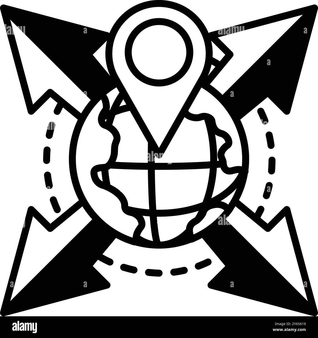 A black and white drawing of a globe with a dot on it and arrows ...