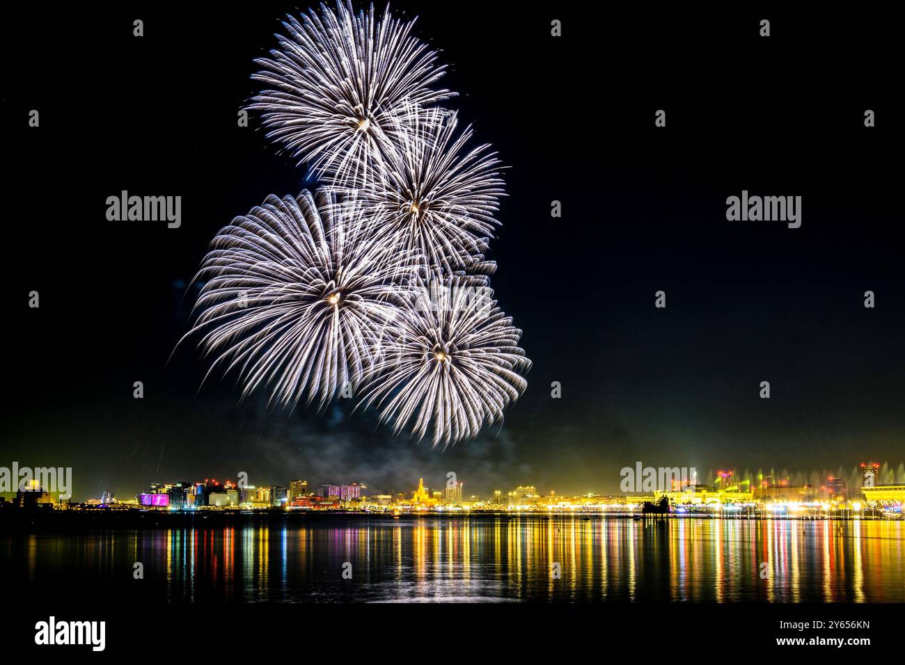 Spectacular fireworks display during a day celebration at Doha Corniche ...