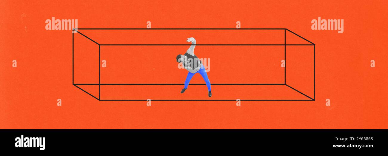 Businessman standing inside rectangular wireframe box, seemingly trying ...