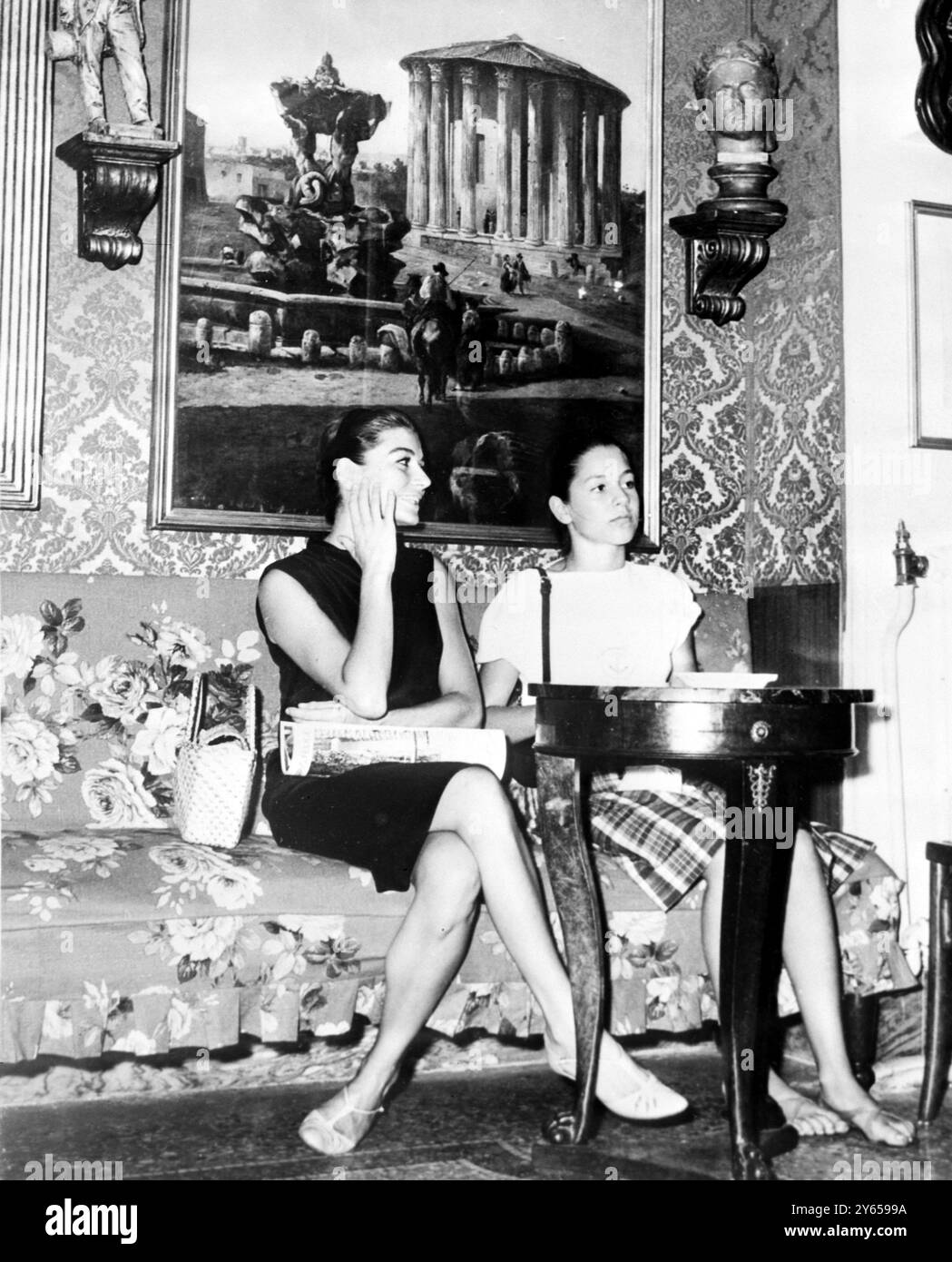 French actress Anouk Aimee with her teenage daughter Emanuelle seated ...