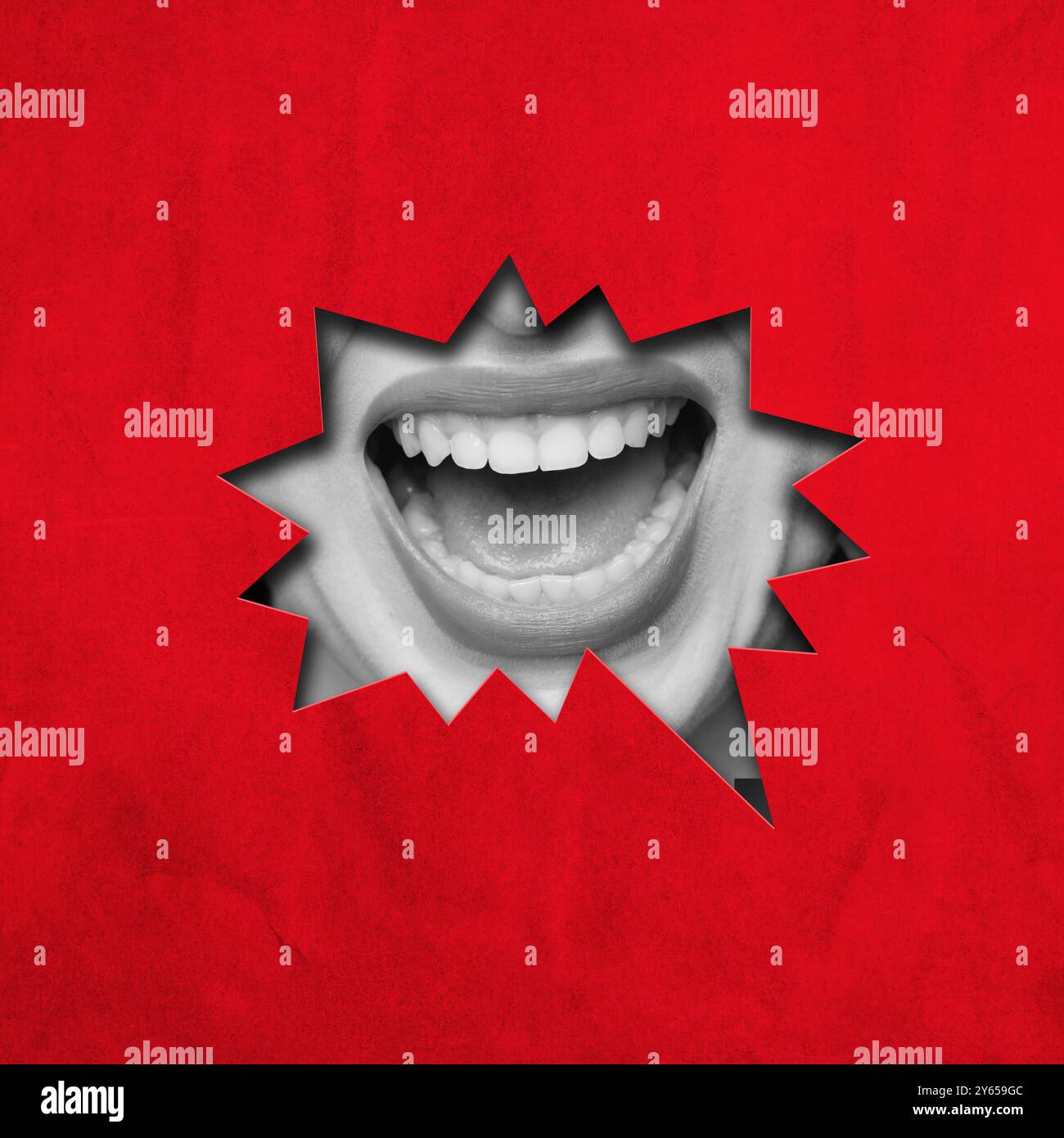 Contemporary art collage. Black-and-white mouth in shouting expression ...