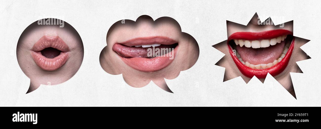 Contemporary art collage. Three expressive lips, from pout to tongue ...